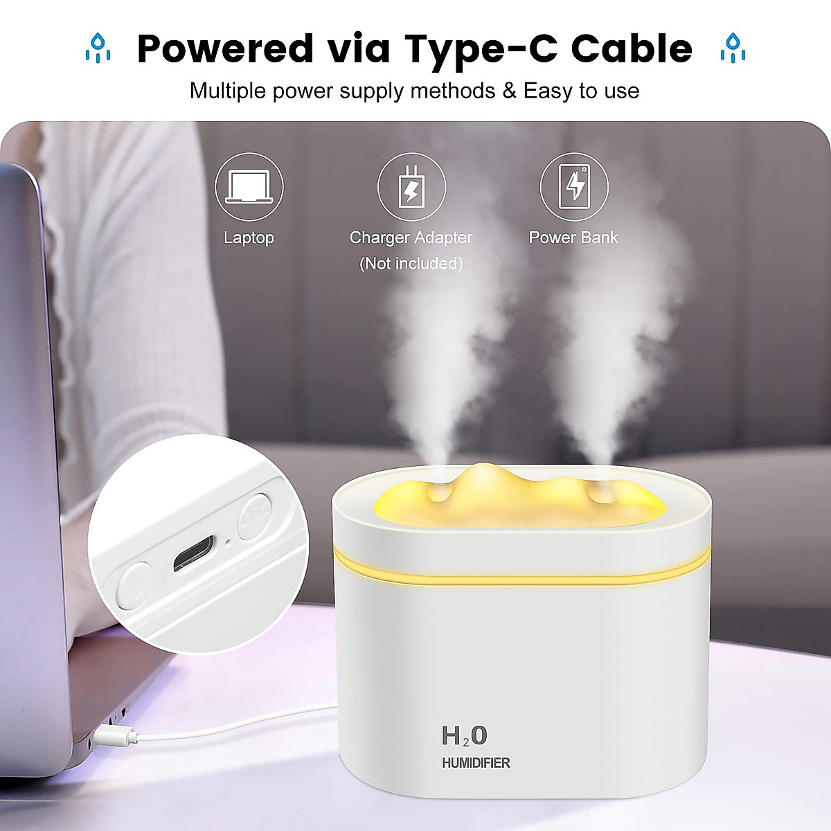 Mini Humidifier, 800ml Small Plant Humidifier, Portable Cool Mist Humidifiers for Bedroom, Personal Desk Humidifier for Baby Office Home, Auto Shut Off, Dual Nozzle Design, Super Quiet, White