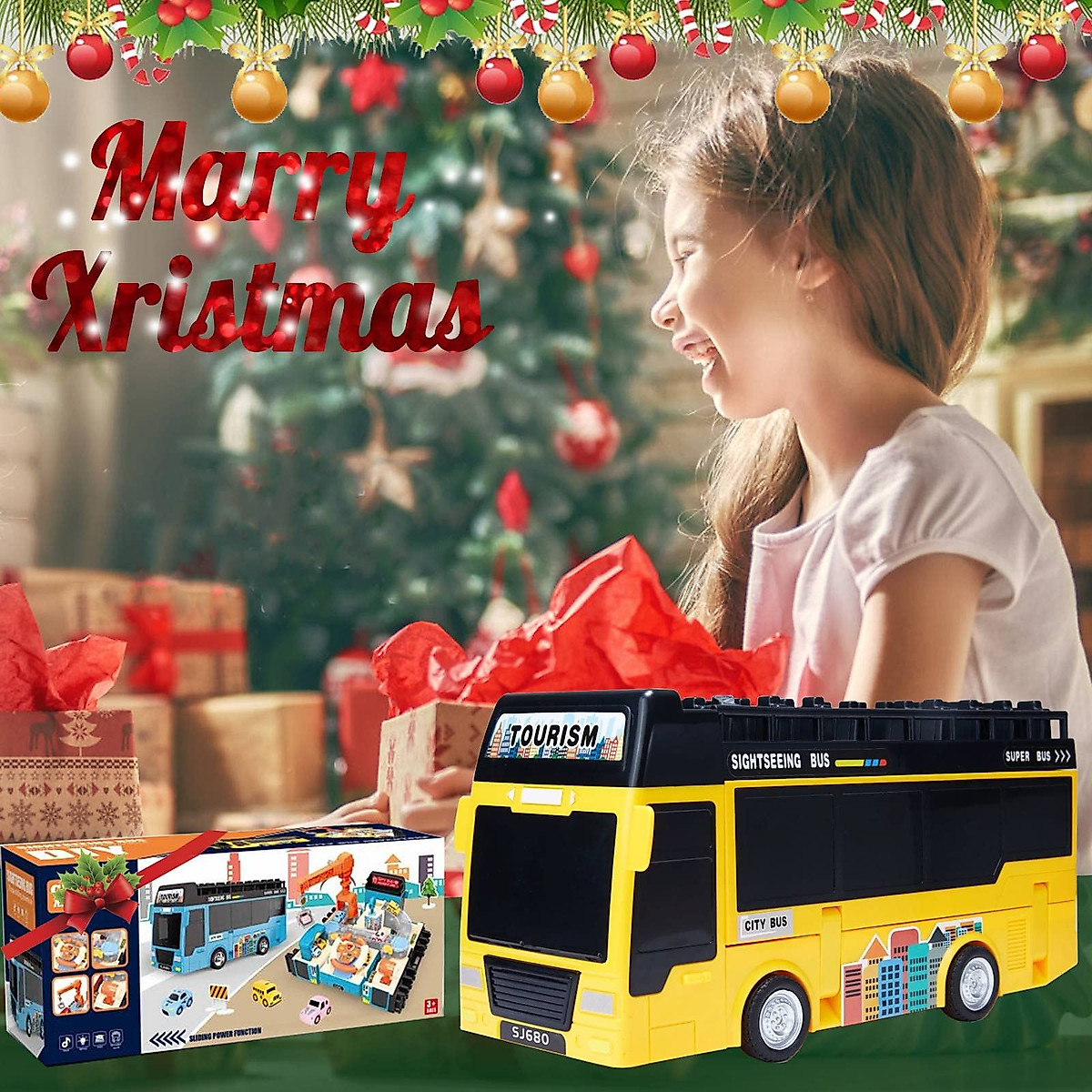 Itcaoseklu Race Track Car Adventure Bus Toys, Tranforming Bus with Sound and Light Simulation Steering Wheel,Vehicle Toy Gift for 3 4 5 6 7 8 Year Old Kids Boys Girls, Yellow