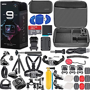 GoPro HERO9 (Hero 9) Action Camera (Black) with Deluxe Accessory Bundle – Includes: SanDisk Ultra 64GB microSD Memory Card, Carrying Case, Chest Mount, Head Mount, Floating Grip & Much More