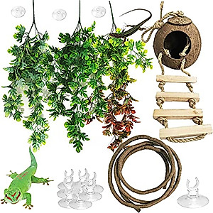 kathson Lizard Coco Den Gecko Coconut Husk Hut with Ladder Reptile Terrarium Plants Decor Hanging Lizards Hideouts Habitat Climbing Decorations Jungle Climber Vines for Chameleon 5 Pack