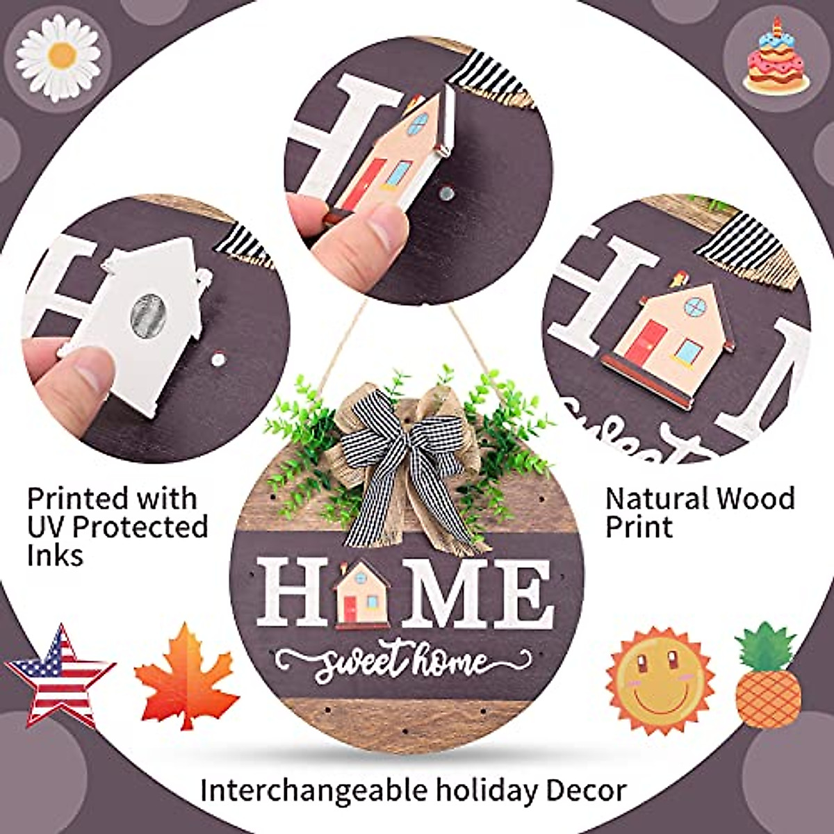 Interchangeable Welcome Sign for Front Door with 14 Changeable Icons, Farmhouse Front Porch Decor Rustic Wooden Wall Sign with 12 LED Lights, Outdoor Seasonal Welcome Home Decorations (Wood home1)