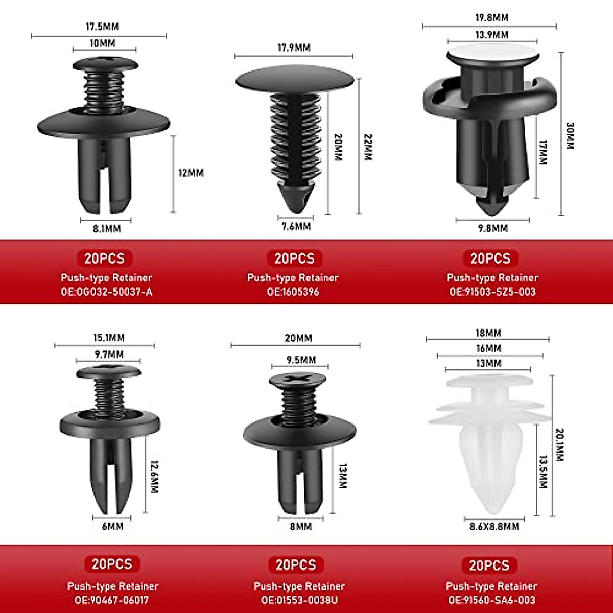 KCRTEK 120 pcs Bumper Clips 6mm 7.6mm 8mm 8.8mm 10mm Nylon Push Rivets,Plastic Rivets with Fastener Removal Sponge Cushions and Cable Ties