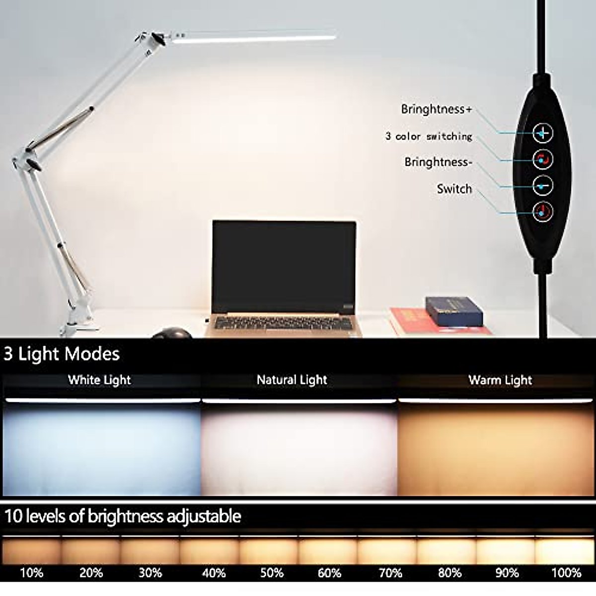 YUHU LED Desk Lamp, Metal Swing Arm Desk Lamp, with Fixture, Desk Lamp with clamp, 3 Color Modes, 10 Levels of Brightness, with Memory Function, Suitable for Home, Office, Reading (White)