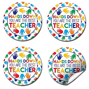 You’re The Best Teacher Handprint Themed Appreciation Thank You Sticker Labels, 40 2" Party Circle Stickers by AmandaCreation, Great for Envelope Seals & Gift Bags