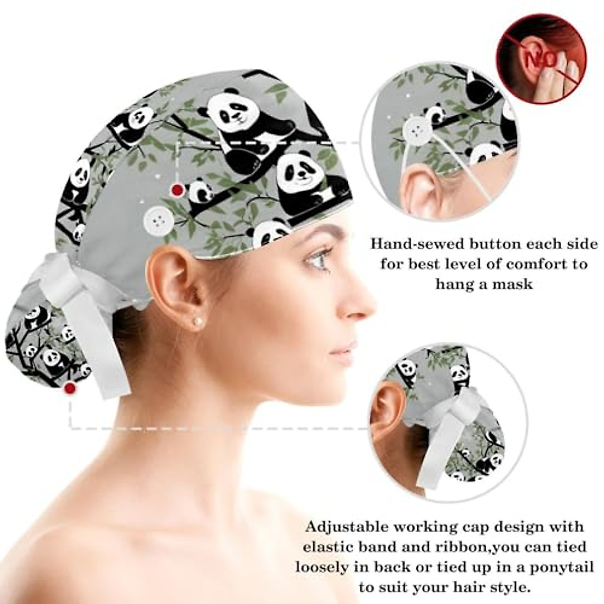 Nurse Scrub Caps,Scrub Hats with Buttons and Cotton Sweatband,Tree and Panda