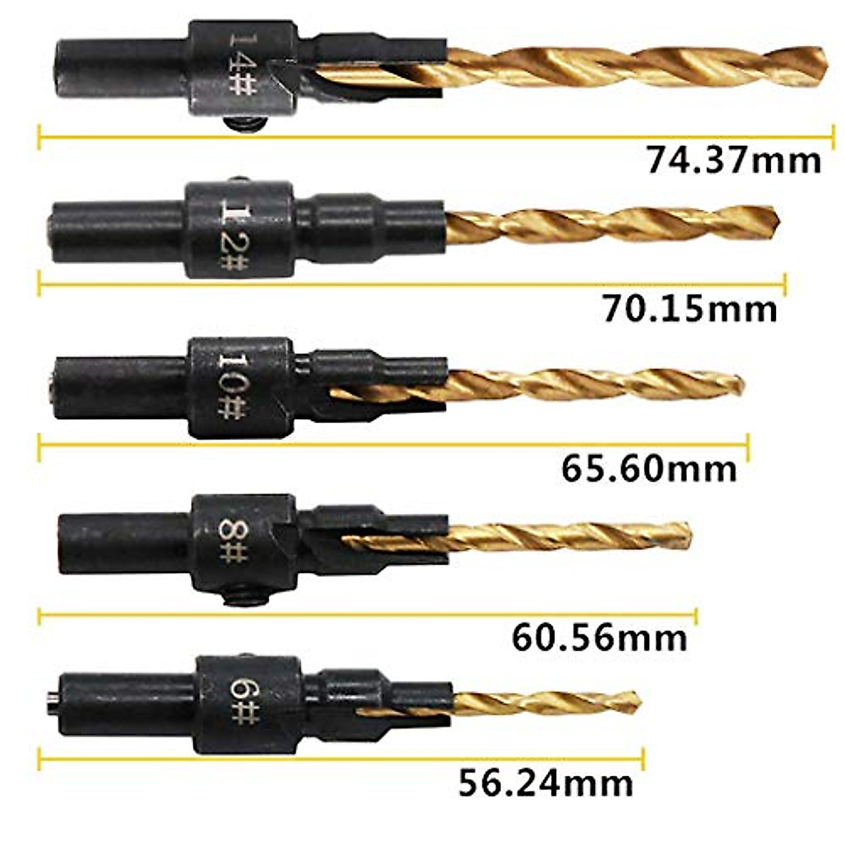 Titanium Coated Wood Countersink Drill Bit Set, 1/4” Round Shank, 6#8#10#12#14 HSS for Screw Pilot Hole Drilling, 5Pcs