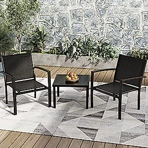 Greesum 3 Pieces Patio Furniture Set Outdoor Conversation Textilene Fabric Chairs for Lawn, Garden, Balcony, Poolside with A Glass Coffee Table, Black