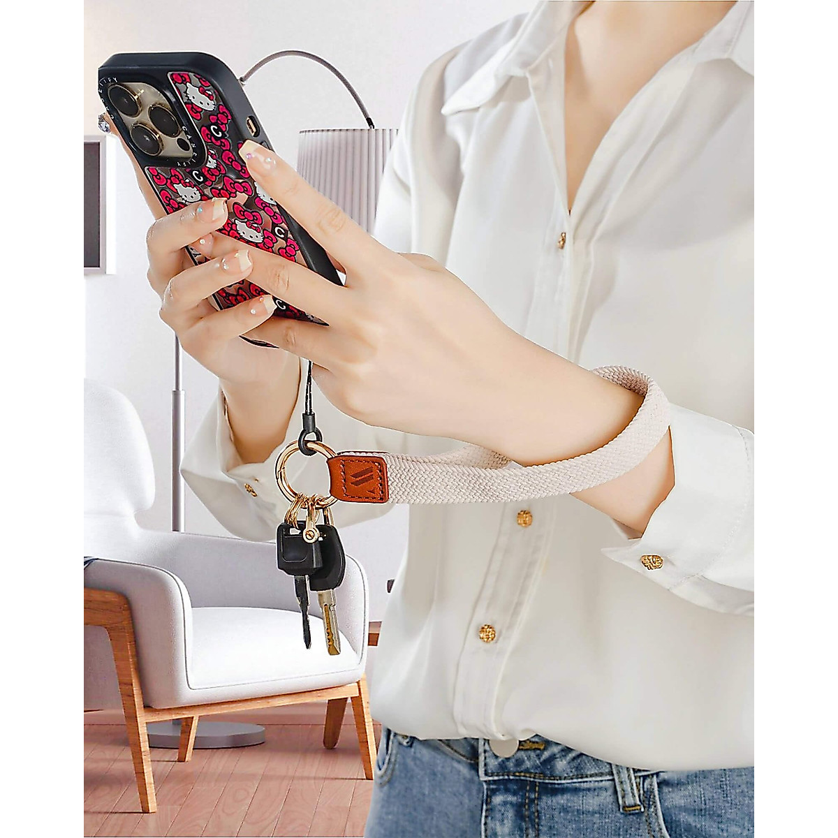 WEESMILE Key Chain, Stretchy Keychain Wristlet, Cute Wrist Lanyard Strap for Car Keys with D Ring for Women Men (Starlight)