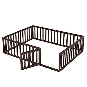 Harper & Bright Designs Queen Size Floor Bed with Rails, Montessori Bed Queen Size Wood Floor Bed Frame with Fence and Door, for Kids Girls Boys (Walnut)
