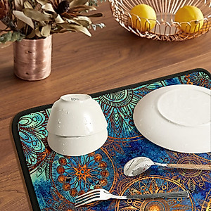 GIPOUTY Dish Drying Mat for Kitchen Counter, Golden Blue Mandala Bohemian Absorbent Microfiber Dish Draining Mat Extra Large 24×18in Protector Pad Heat-resistant