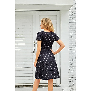 MicroStar dresses for women 2023 Slim Short Sleeve Round Neck A Line Fit and Flare Knee Length Sun Dress Black Polka Dot