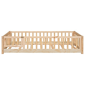 CITYLIGHT Twin Size Floor Bed with Rails and Door, Wood Montessori Floor Bed Twin Size with Support Slats, Kids Twin Bed Frame for Boys,Girls, Natural