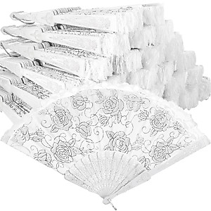 Yalikop 48 Pieces Rose Lace Floral Hand Fans Retro Elegant Chinese Folding Fan White Vintage Bridal Handheld Dancing Fan Props for Wedding Party Church Ladies Girls Favors (Silver)