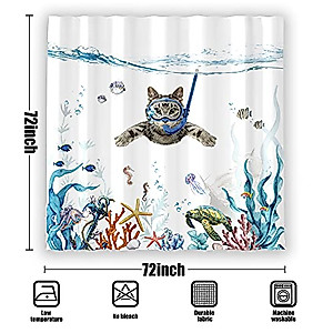 Fowocu Funny Cat Shower Curtain Set Teal Blue Sea Ocean Waterproof Fabric Shower Curtains with Animal Octopus Starfish Turtle Anchor Fish Nautical Bathroom Curtain Decor (Blue, 72''×72'')