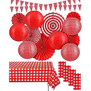 18 Pcs Picnic Party Decorations Set Include Red and White Checkered Gingham Pennant Banner Hanging Paper Fans Round Lanterns Plastic Disposable Tablecloth for Carnival Picnic Birthday Party Supplies