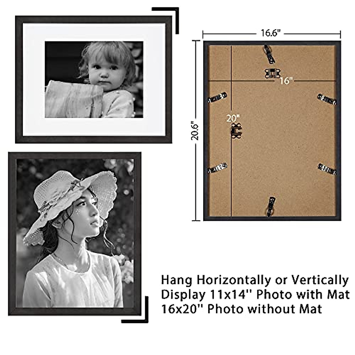 Sindcom 16x20 Poster Frame 3 Pack, Picture Frames with Detachable Mat for 11x14 Prints, Horizontal and Vertical Hanging Hooks for Wall Mounting, Charcoal Gray Photo Frame for Gallery Home Décor