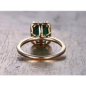 Emerald Engagement Ring,14K Yellow Gold,May Birthstone,6x8mm Emerald Cut Green Gems,Halo,Ball Prong Set