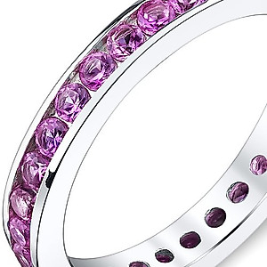 PEORA Created Pink Sapphire Eternity Ring Band for Women 925 Sterling Silver, 1.50 Carats total Round Shape, 3mm width, Size 8