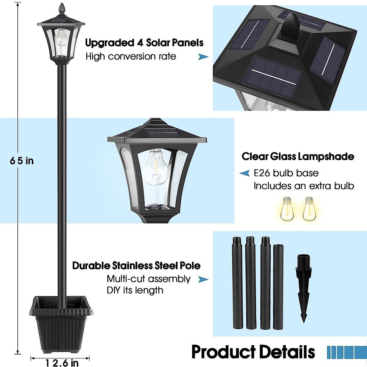 Mancra 65" Solar Lamp Post Light with Planter, Glass 60 Lumens Solar Garden Lights Outdoor Waterproof Solar Pole Lights Patio Decor, Warm White