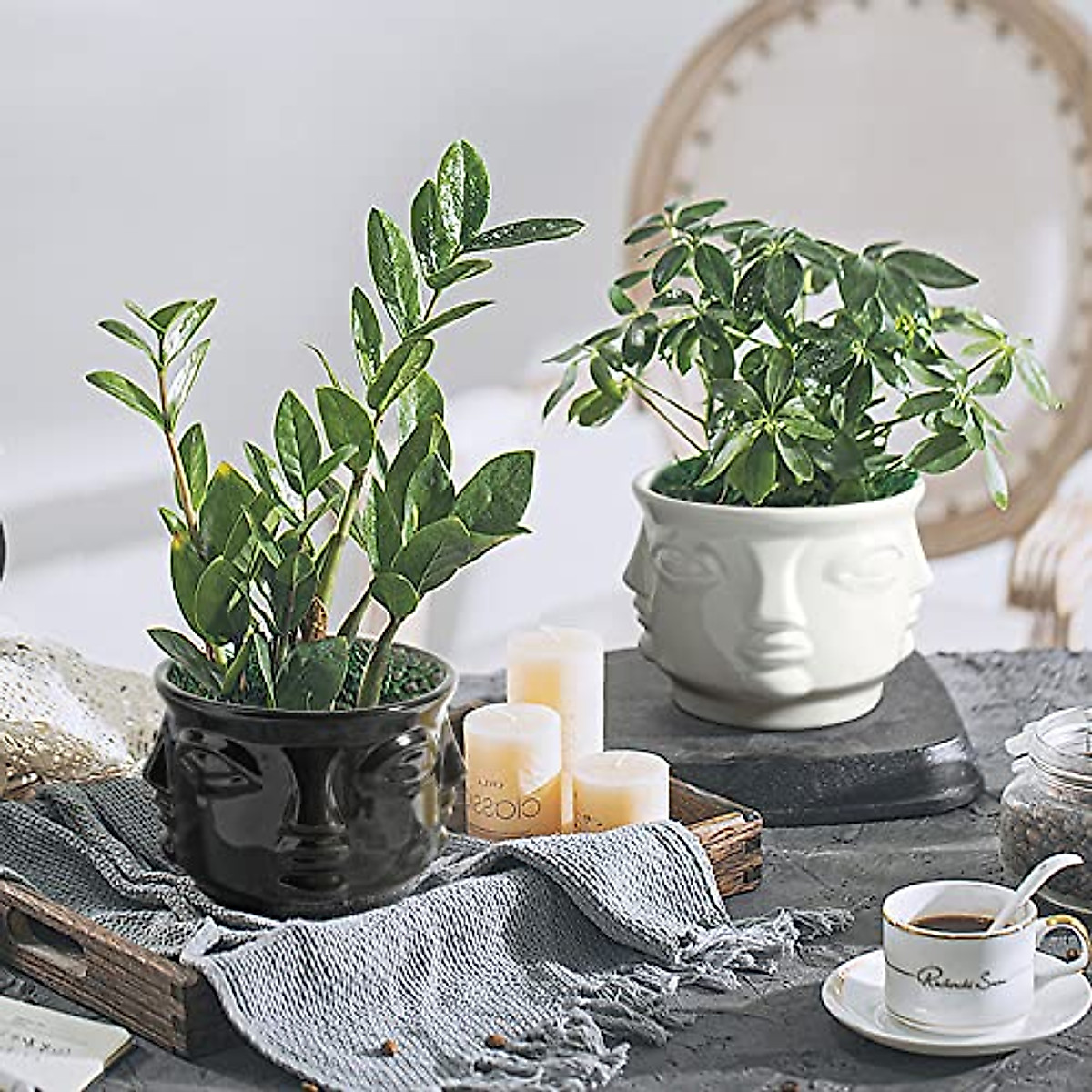 T4U Face Succulent Pots with Drainage 2-Pack - Small Ceramic Head Succulent Planter for Tiny Cactus, Herb, Bonsai Plant, Mini Flower Pot for Indoor Home Office Living Room Decor (No Plants)