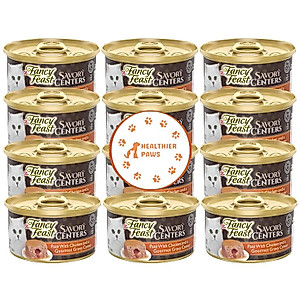 Healthier Paws Fancy Feast Pate Wet Cat Food, Savory Centers Pate with Chicken and a Gourmet Gravy Center 3 oz. 12 Cans Sticker Plus Colorful Plush Ball Cat Toy