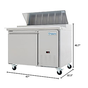 Empura 47" Refrigerated Prep Table with One-Solid Door Pizza Preparation Fridge with (6) 1/3" Food Pan and 18" Cutting Board for Pizzeria Restaurant 47.4" W x 32.3" D x 41.7" H, Stainless Steel, 115v