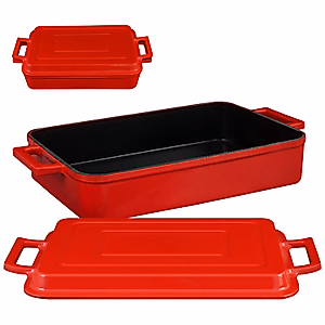 Flavehc Cast Iron Casserole Dish with Skillet Lid 9"x13" Rectangle Casserole Dishes for Oven Cast Iron Baking Dish Cast Iron Lasagna Pan Lasagna Baking Dish Red