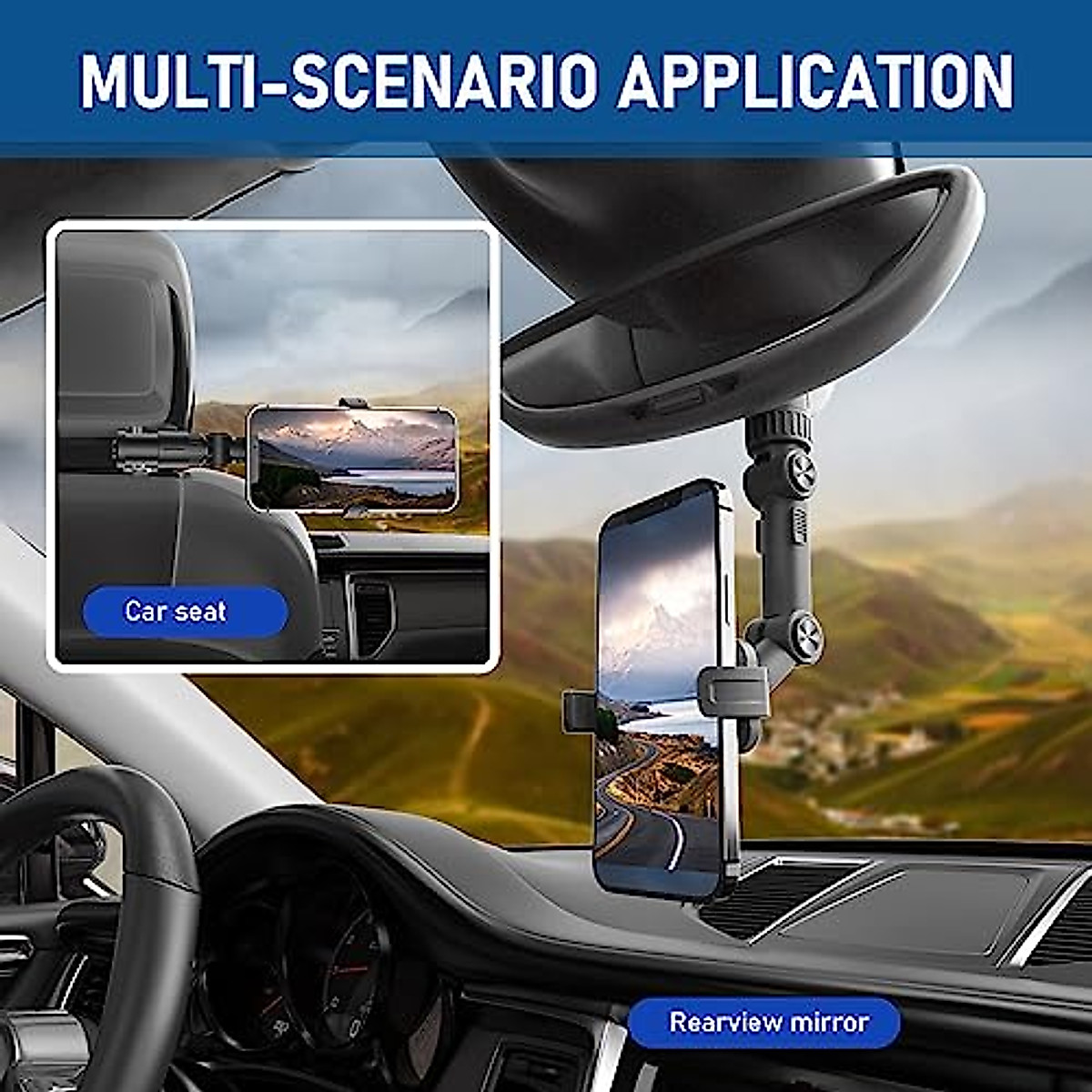 Dewkou 1 PC Rearview Mirror Phone Holder for Car, Universal Rotating Retractable Car Phone Holder, GPS Holder, Anti-Shake Multifunctional Design for Most Mobile Phone and Car Rearview Mirror (Black)