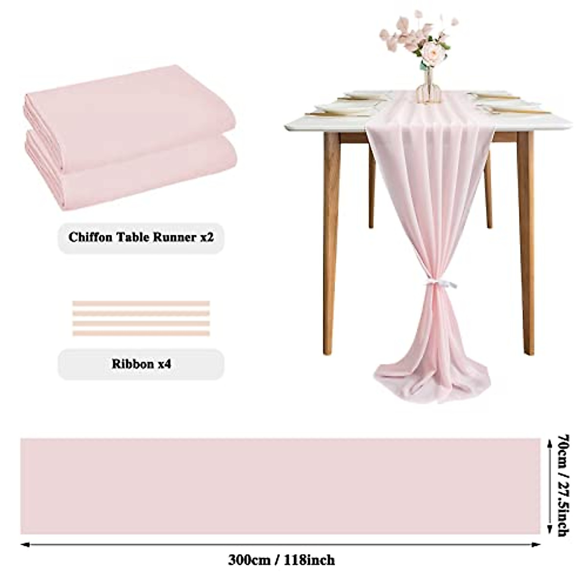 FYY 2PCS 10ft Chiffon Table Runner,29x120 Inches Romantic Wedding Runner,Pink Sheer Chiffon Table Cover Dressing Table Runner for Wedding Birthday Party Bridal Baby Shower Decorations-Pink