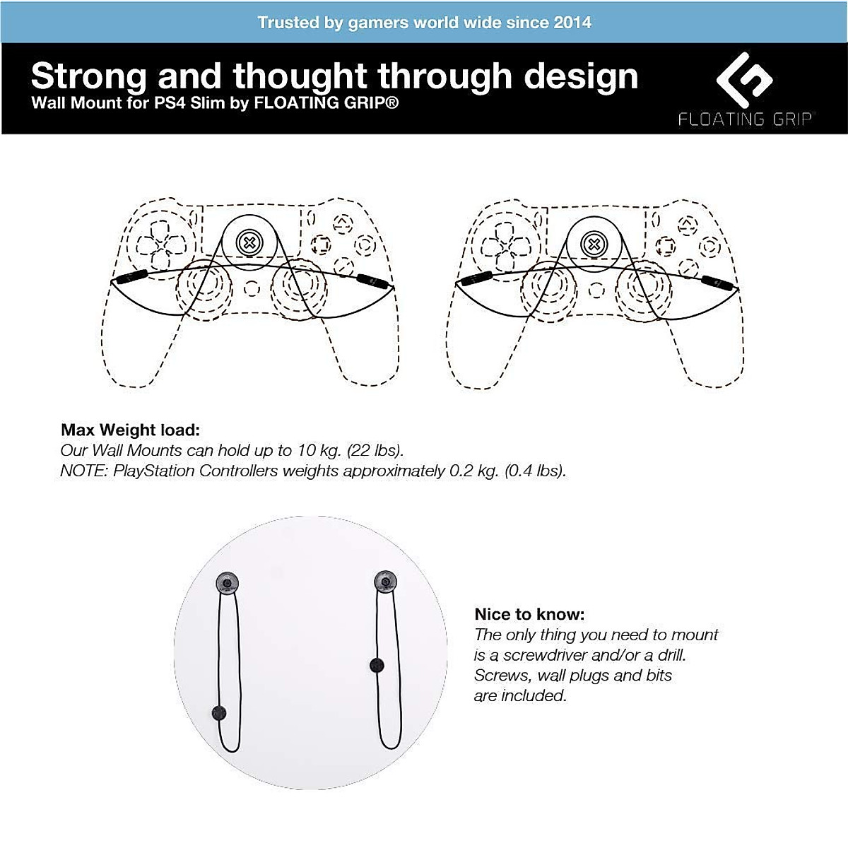 PS4 / PlayStation 4 Wall Mount system by FLOATING GRIP - Wall Mount hanging kit for displaying PS4 and 2x Controllers on the wall (Bundle: Fits PS4 + 2x Controllers, Black)