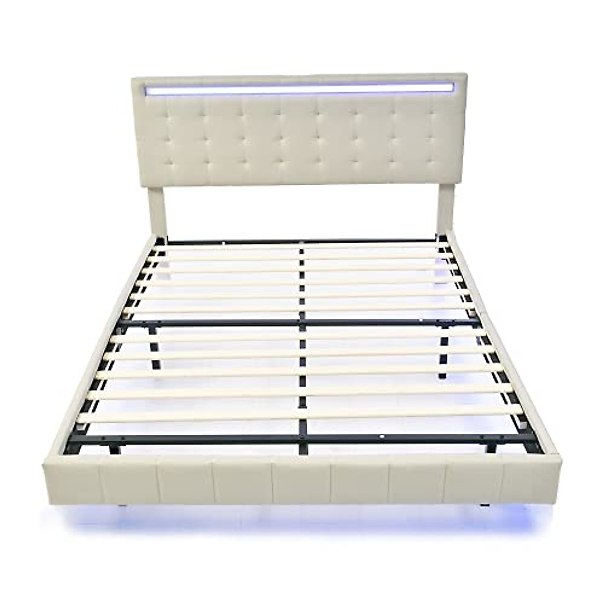 SIYSNKSI Modern Queen Upholstered Platform Bed with LED Lights, Floating Bed Frame with USB Charging and Headboard, Upholstered Platform Bed Frame for Kids Teens Adult Bedroom (Beige-055)