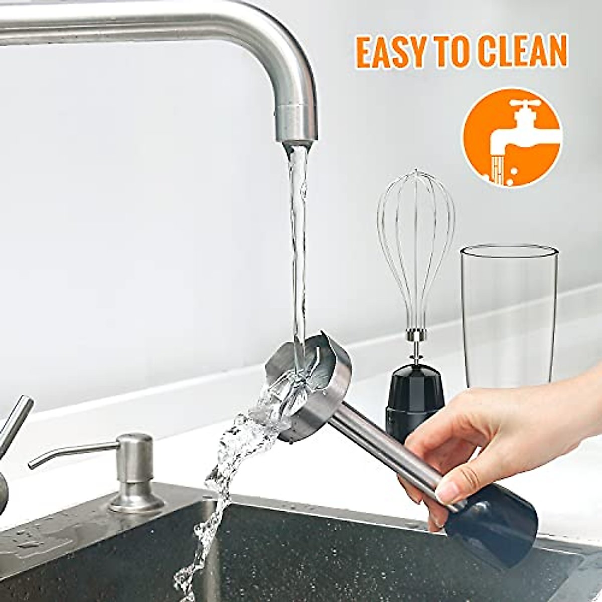 Immersion Blender Handheld, 1100W 5-in-1 Multi-Purpose Hand Blender, 12-Speed Stick Blender, 600ml Beaker, 500ml Chopper, Egg Whisk, Milk Frother, Black