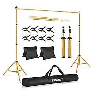 EMART Backdrop Stand 10x7ft(WxH) Photo Studio Adjustable Background Stand Support Kit with 2 Crossbars, 8 Backdrop Clamps, 2 Sandbags and Carrying Bag for Parties Events Decoration -Gold