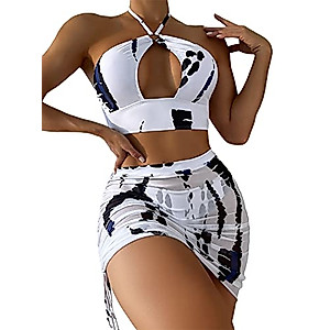 MakeMeChic Women's 3 Piece Swimsuits Halter Cutout Bikini Set Bathing Suit with Cover Up Skirt Black and White S