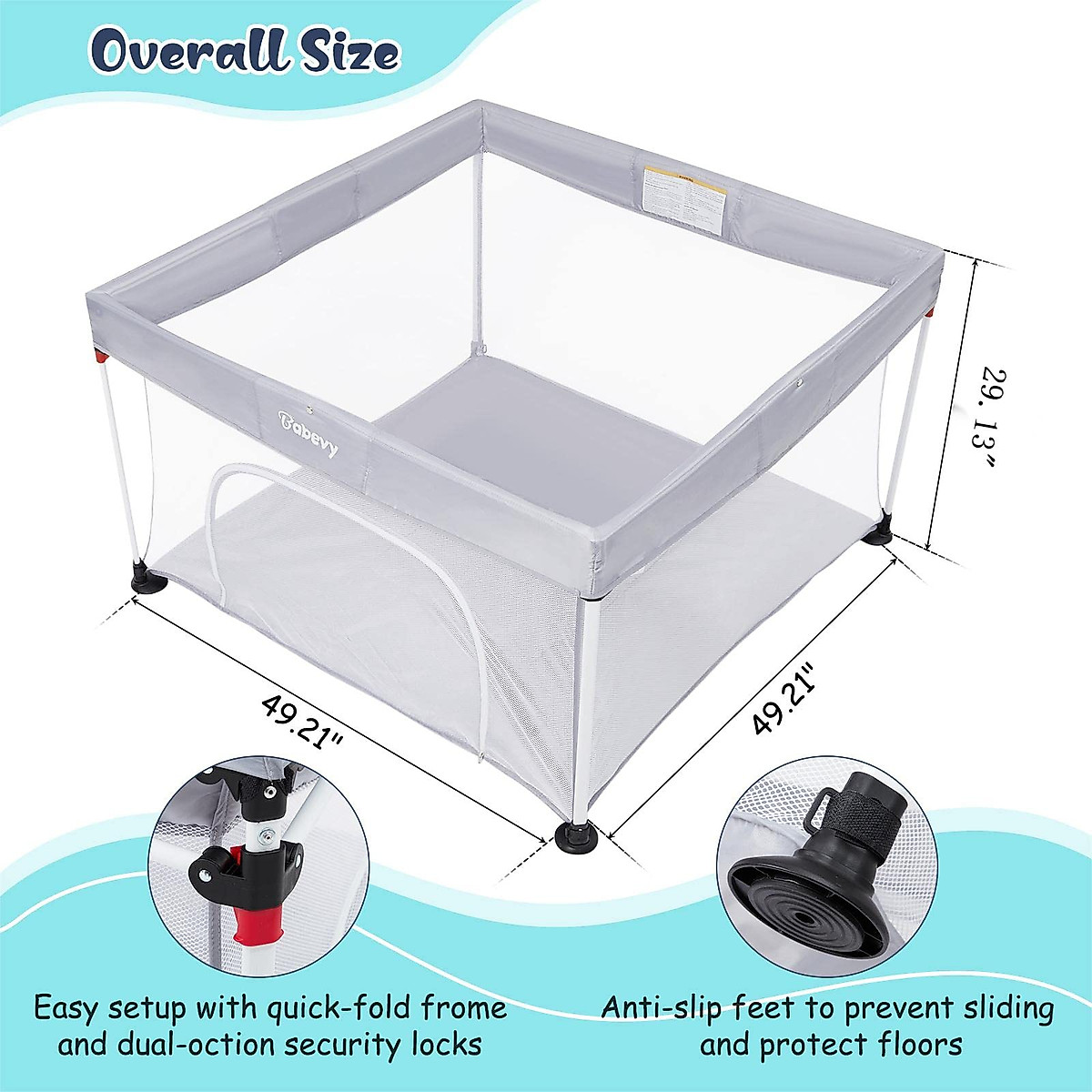 Babevy Foldable Baby Playpen Portable Baby Fence Play Yard for Babies and Toddlers with Gate, Indoor & Outdoor (Grey)