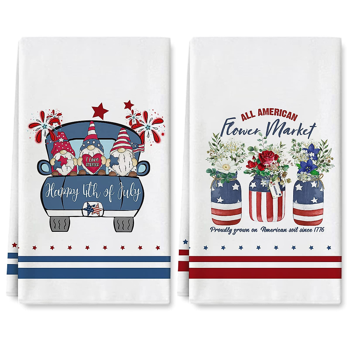 AnyDesign 4th of July Kitchen Dish Towel 18 x 28 Patriotic Gnome Truck Dishcloth Red Blue Star Flower American Flag Cloth Tea Towel Decorative Hand Towel for Bathroom Cooking Baking, 2Pcs