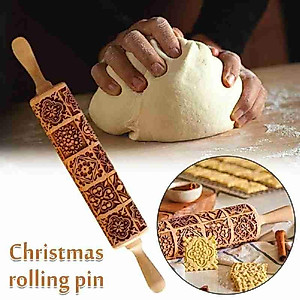Zozulialia Xmas Christmas Wooden Rolling Pins with Flower Embossing, Snowflake Embossed Natural Wood Carved Engraved Rolling Pin for Baking Embossed Cookies