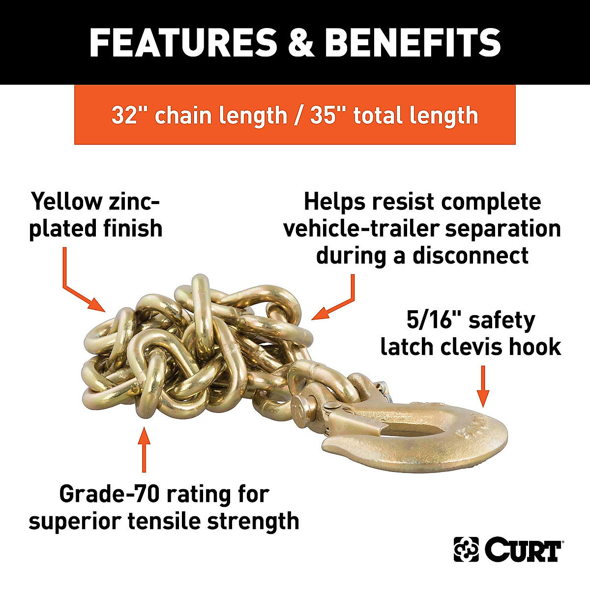 CURT 80304 35-Inch Trailer Safety Chain with 5/16-In Clevis Snap Hook, 18,800 lbs Break Strength