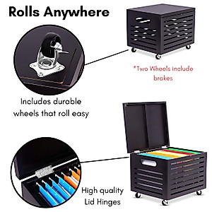 BIRDROCK HOME Rolling File Storage Organizer Box with Lid (NEW VERSION) - Bamboo - Decorative Wood Hanging Filing & Storage Office Box - Letter or Legal - Strong Durable - Toys Blankets - Cafe Noir