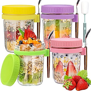Overnight Oats Containers w.Lids and Spoons,Mason Jars for Overnight Oats,Airtight Overnight Oat Jar w.Measurement Marks,Storage Container for Milk,Fruit,12oz,Set of 4