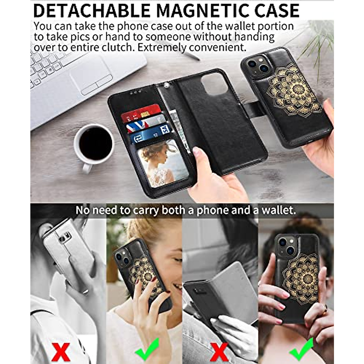 CASEOWL Compatible for iPhone 13 Wallet Case Magnetic Detachable-2 in 1 Mandala Embossed Flip Leather Wallet Case for Women Girls [RFID Blocking]with Card Holder, Hand Strap for iPhone 13 2021(Black)