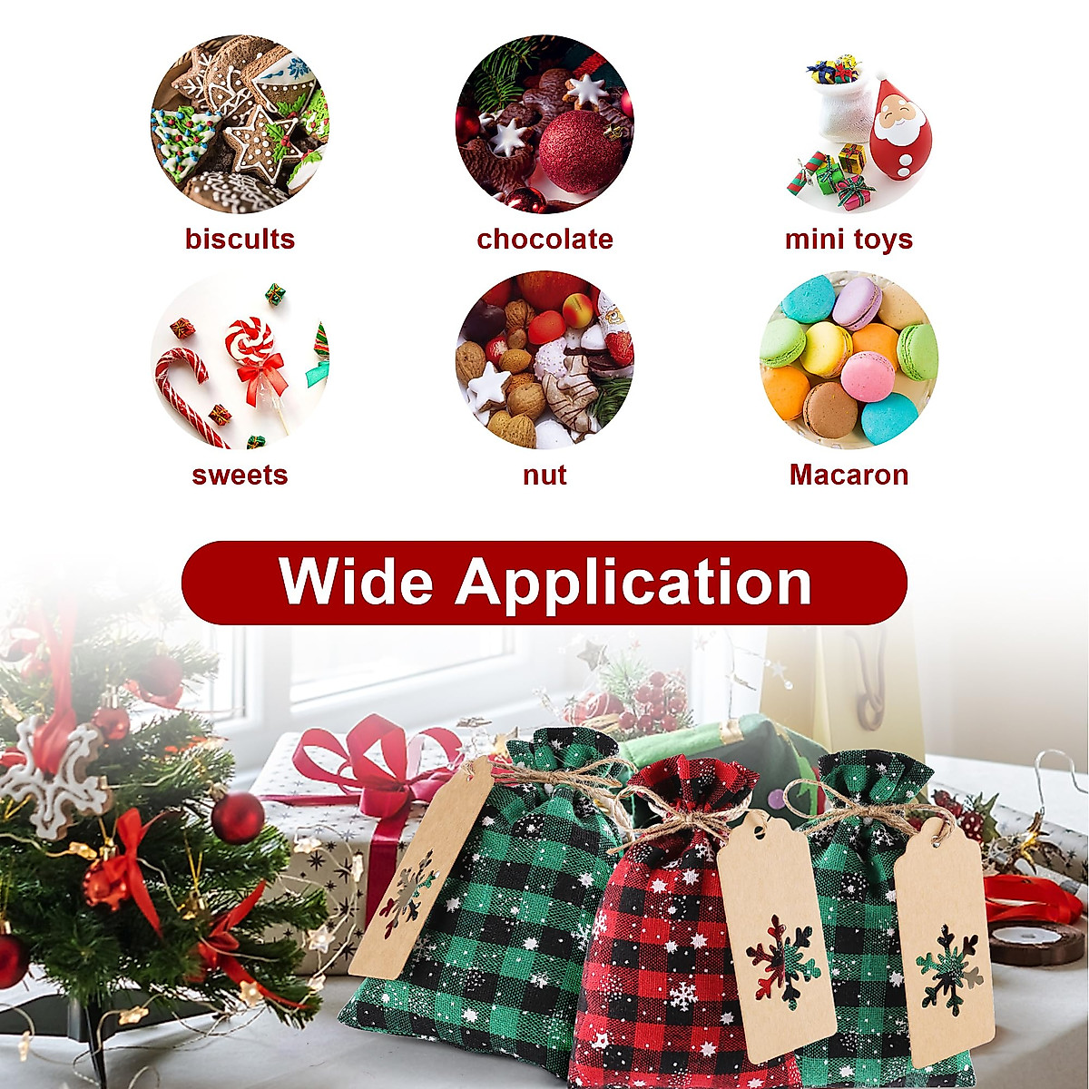 GlyinnHe 36PCS Christmas Drawstring Bag Buffalo Plaid Xmas Burlap Bag with Snowflake Bulk Jute Gift Goody Treat Bags with Kraft Tag for Xmas Holiday New Year Party Favors Supplies