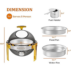 ROVSUN 6 Quart 2 Packs Round Chafing Dish Buffet Set Gold Accent, Stainless Steel Roll Top Chafer for Catering, Food Warmer with Glass Window for Party Wedding Catering Banquet Graduation Event