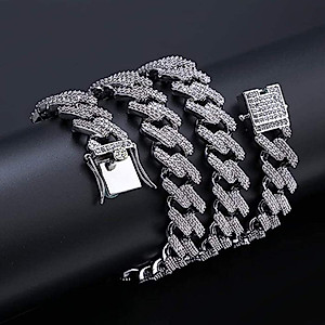 Emesly Solid Miami Cuban Link Chain Gold/Silver Necklace (16, 18, 20, 22, 24, 30 Inches Length); Hip Hop Bracelet (7.87" Length) for Men & Women; Perfect Iced Out Bling Jewelry Gift, Metal, not known,