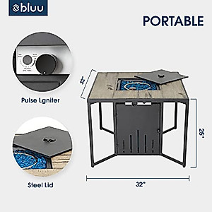 Bluu 32in Square Propane Fire Pit Table Gas Fire Pits for Outside with Blue Glass Beads, Faux Wood Fire Table Safe CSA Smokeless Firepit Great for Party on Patio & Balcony with Tank Cover