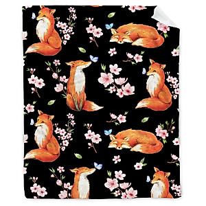 Fox Blanket Cherry Blossom Blanket Cozy Soft Lightweight Flannel Throw Fox Cherry Blossom Decor Gifts for Girls 50"x60"