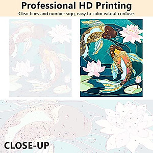 TISHIRON DIY Oil Painting Abstract Koi Paint by Numbers Lotus Kits for Adults Trippy Gold Fish Adult Number Animal on Canvas Wall Decor Living Room, - 16''x20''