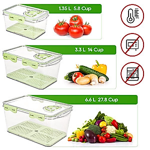 Fruit Storage Containers for Fridge 3 Pack Vegetable Produce Saver Container Refrigerator with Lid & Removable Tray Air Vents, Time Remember, BPA-Free Kitchen Organizer Bins Lettuce Salad Berry Keeper