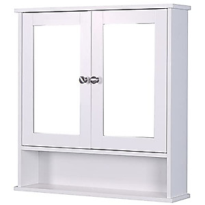 Bathroom Medicine Cabinet Wall Mounted with Double Mirror Doors, Wooden Hanging Bathroom Cabinet with Doors and Shelves, Bathroom Wall Mirror Cabinet, Multipurpose Wall Mounted Storage Cabinet, White