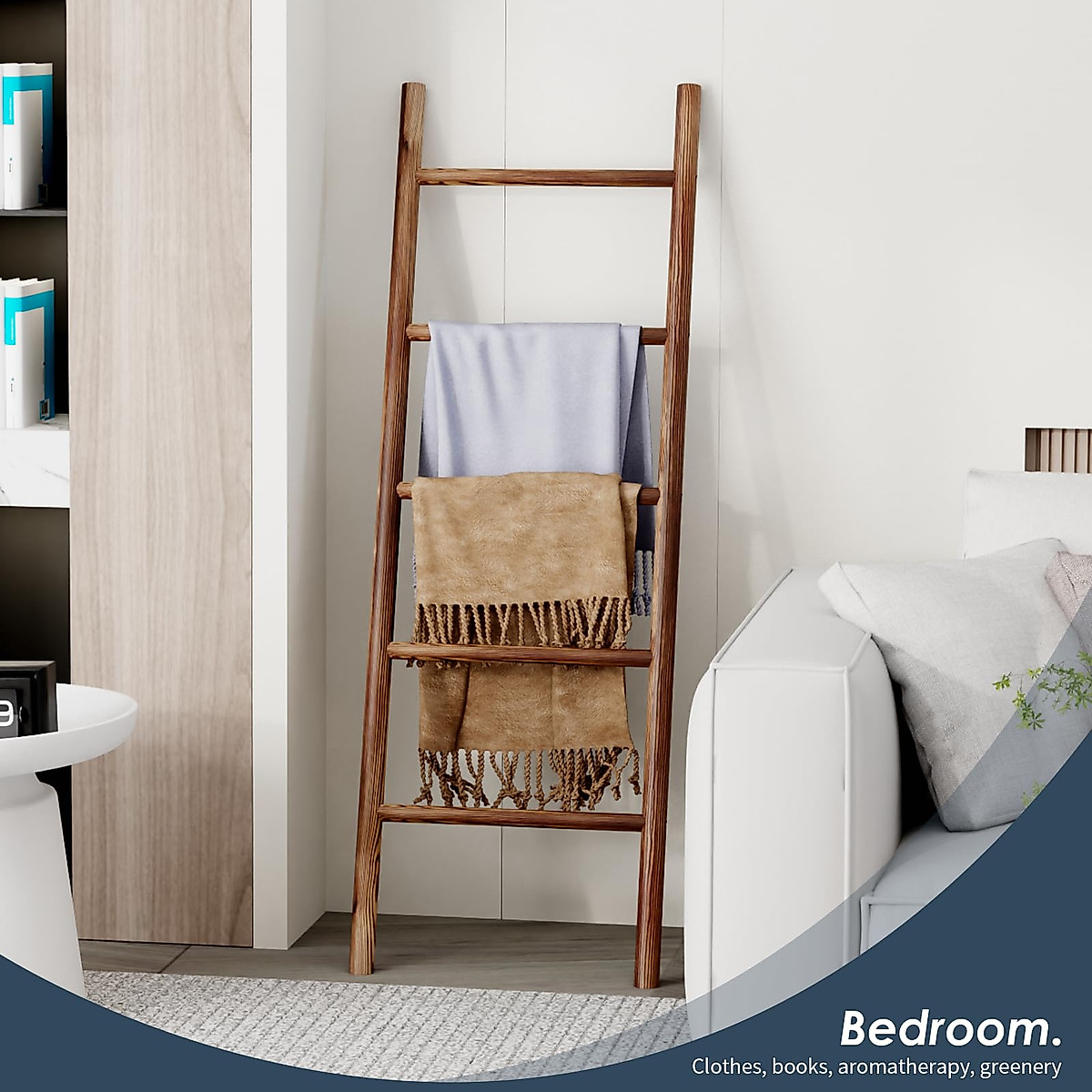 Delywh Wooden Blanket Ladder, 4.8ft Throw Blanket Holder for Living Room, Bedroom, Rustic Decorative Quilt Towel Rack Stand Ladders, Farmhouse Wood Ladder Home Decor for Blankets Display, Brown
